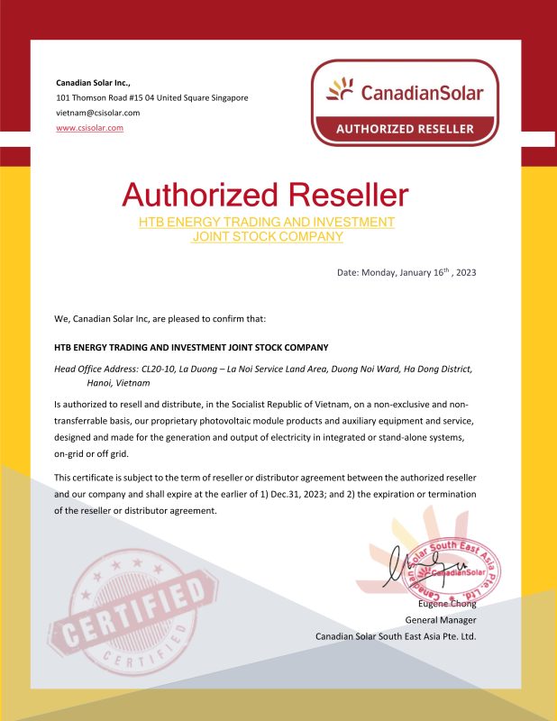 CHỨNG NHẬN NHÀ PHÂN PHỐI CHÍNH HÃNG CANADIAN – LONGI – HTB